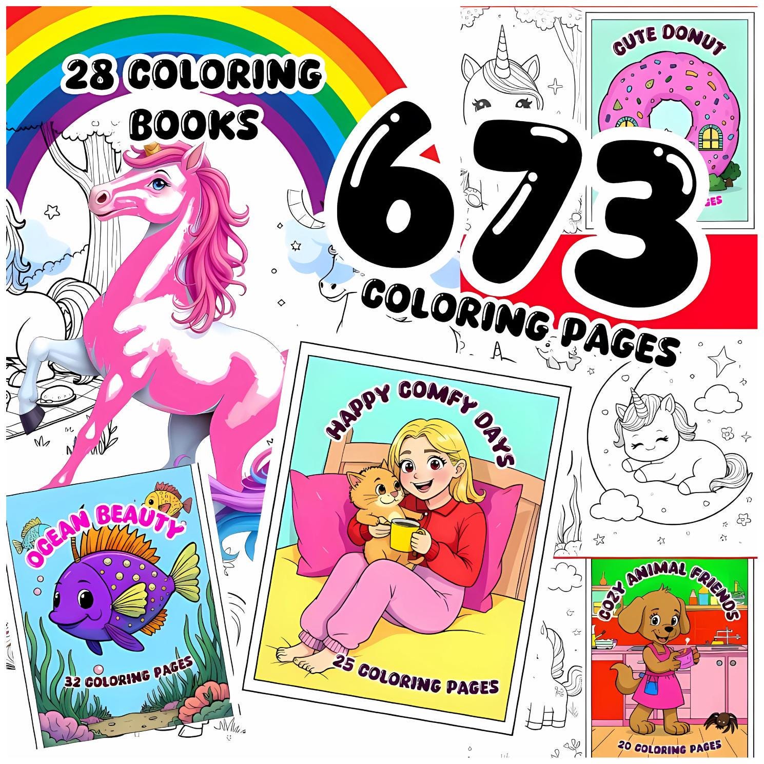 673 Coloring Pages Bundle, Coloring Book, Unicorn, Kawaii, Cute Cozy ...