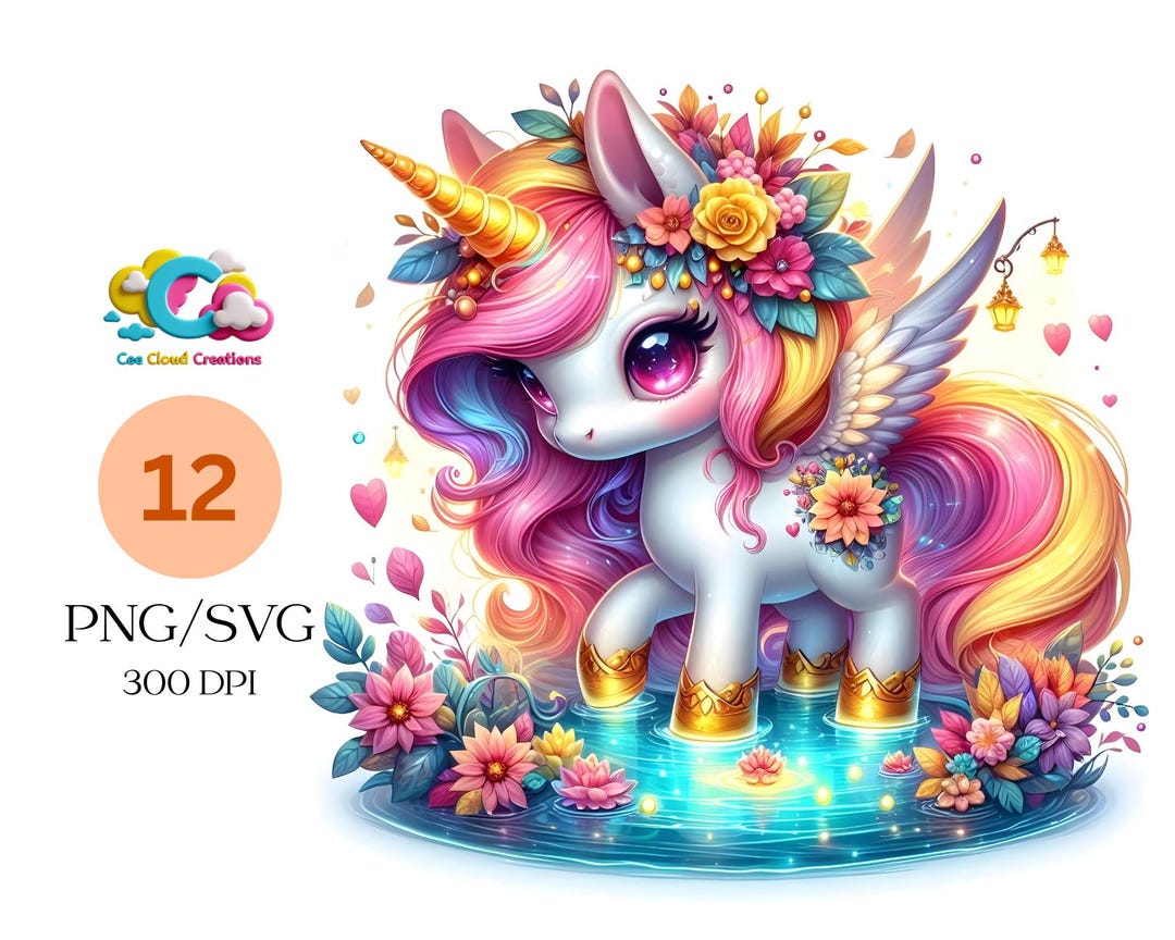 12 Magical Unicorn Clipart Bundle: Watercolor Magical Unicorn, PNG SVG ...