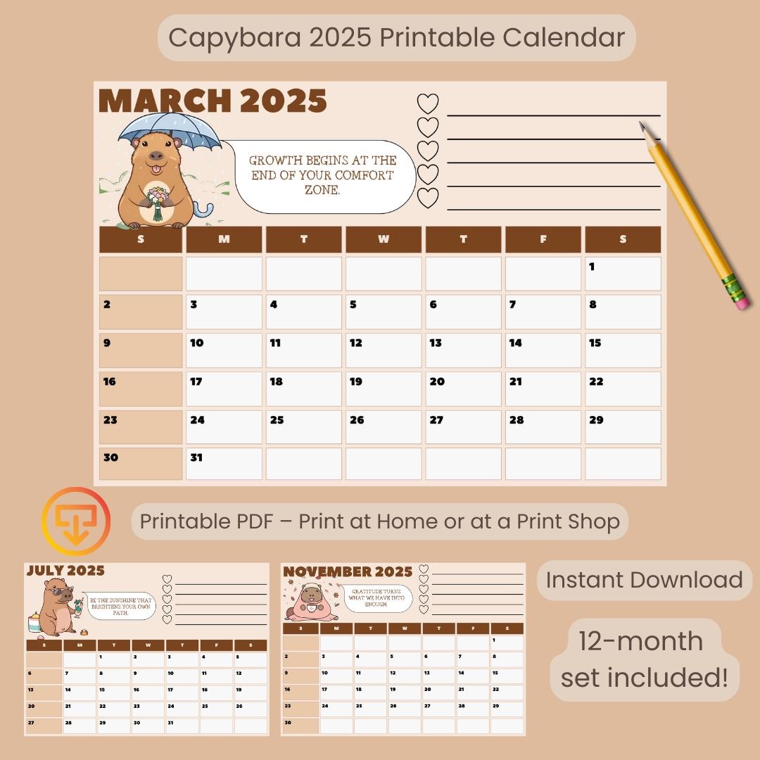 Capybara 2025 Printable Calendar | Cute Animal Aesthetic Monthly ...