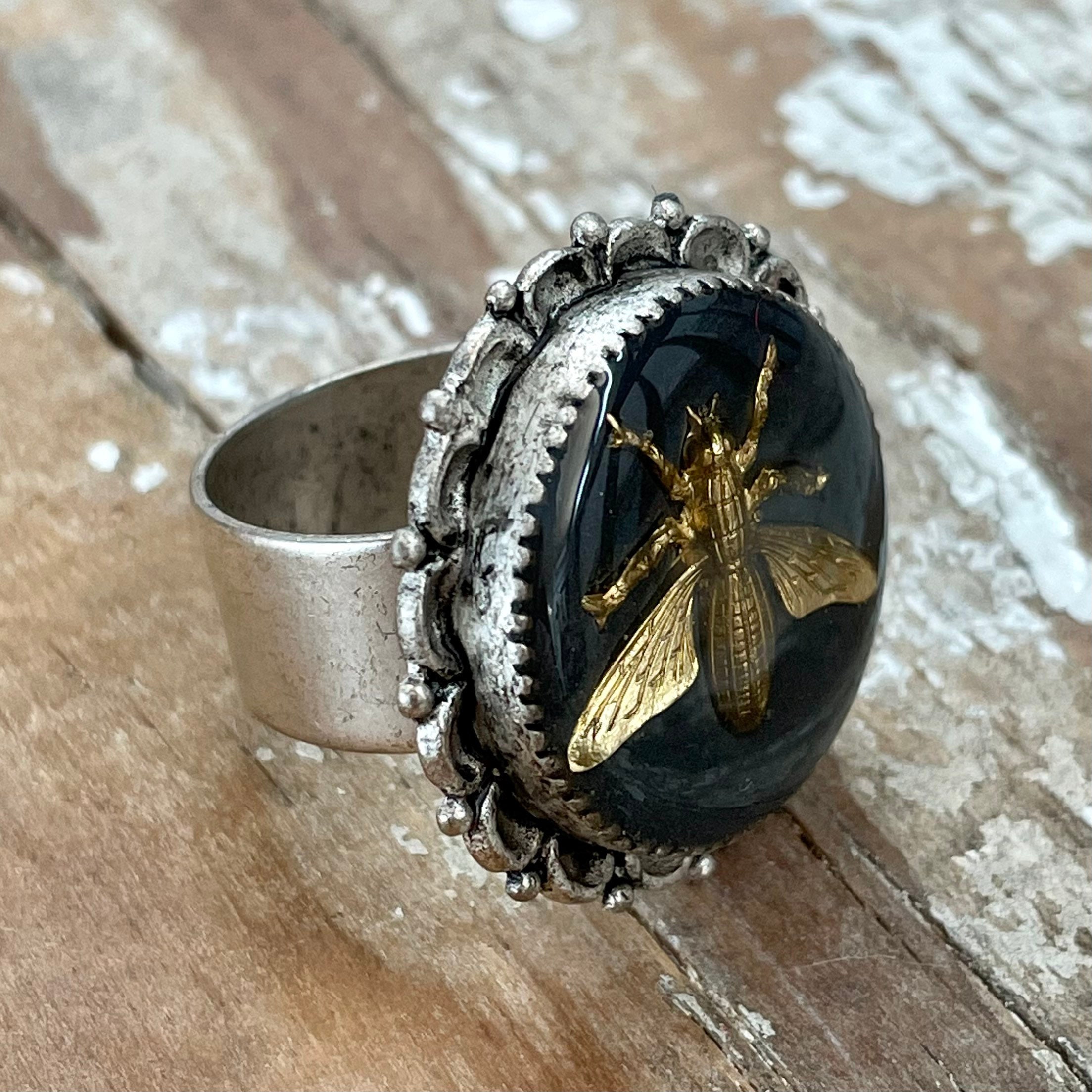 Queen Bee Statement Ring Black and Gold Adjustable Ring | Etsy