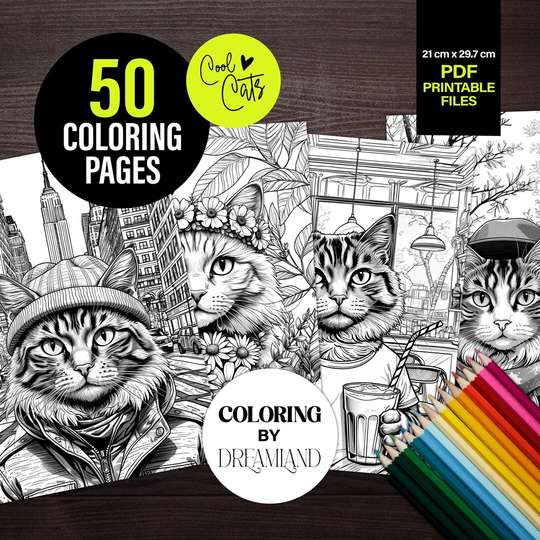Cool Cats Coloring Book - Easy Color and Frame! - Etsy