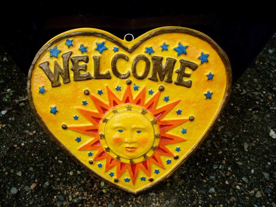 Yellow Heartwarming Concrete Welcome Garden Plaque, Whimsical Garden ...