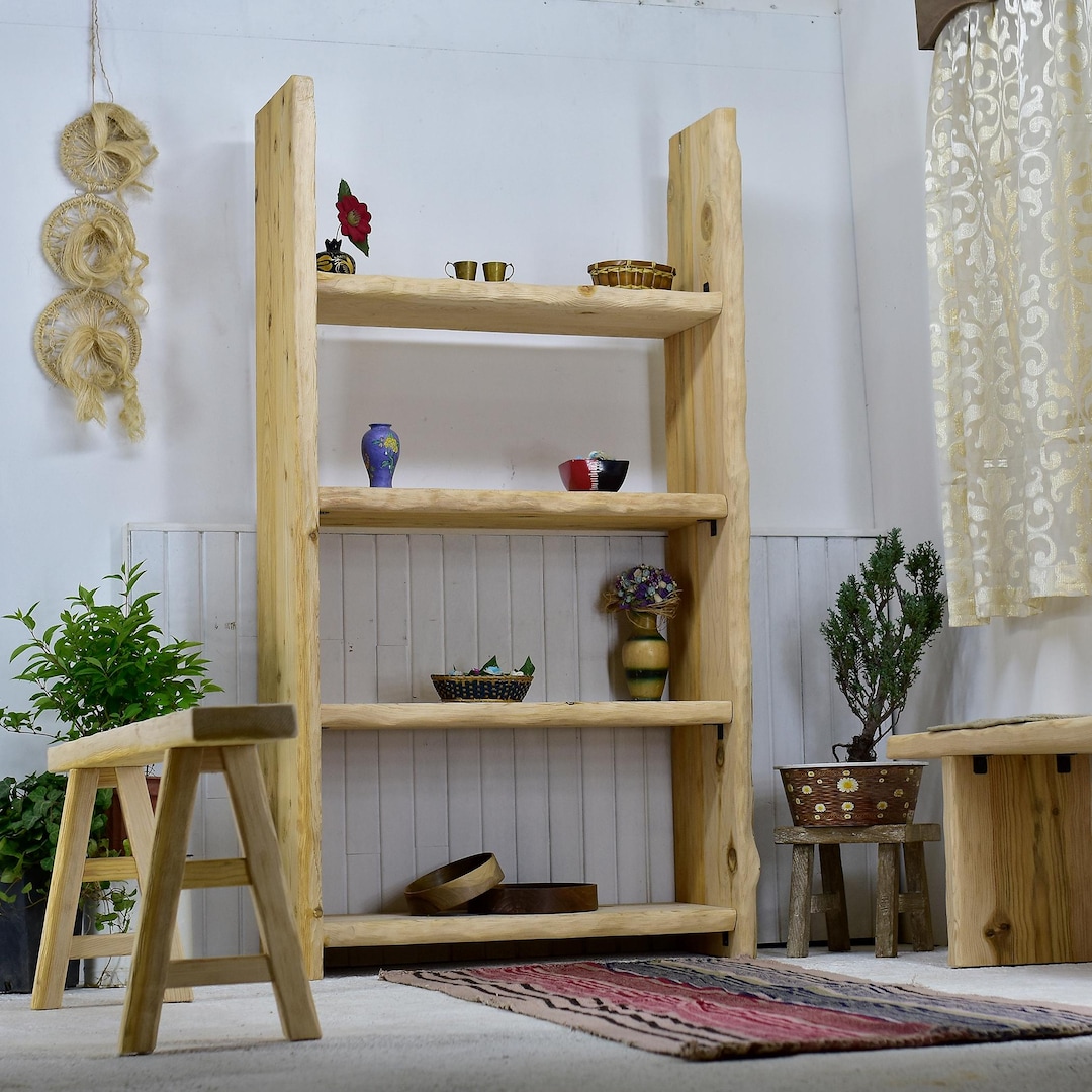Solid Wood Book Shelf Mid Century Wooden Bookcase Live Edge Shelf ...