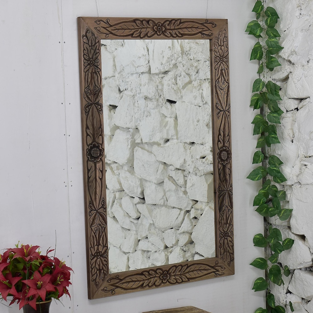 Hand Carved Wood Mirror, Floral Wall Decor, Rustic Accent Mirror - Etsy