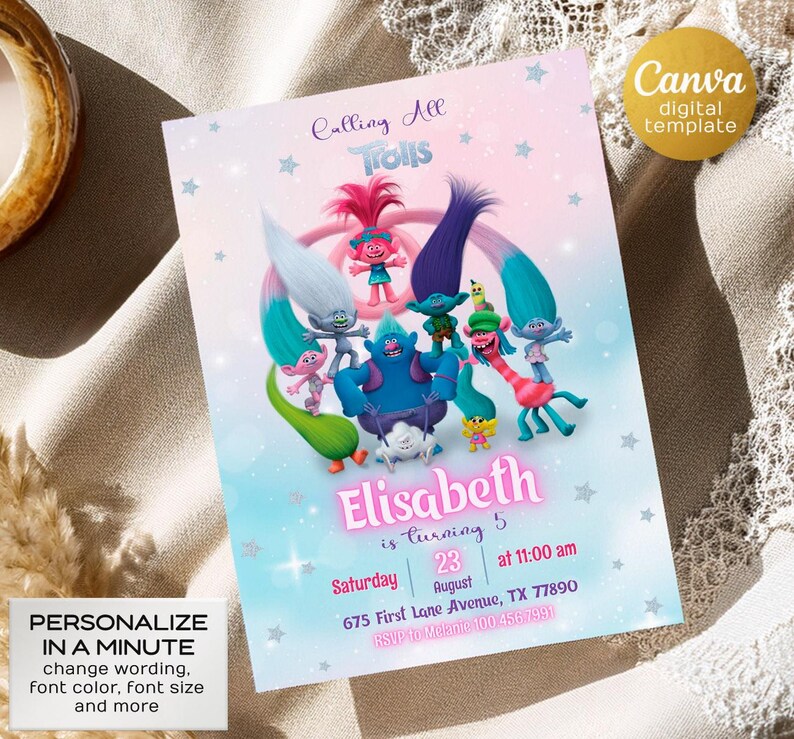 Editable Trolls Birthday Invitation, Girl Party (digital Download ...