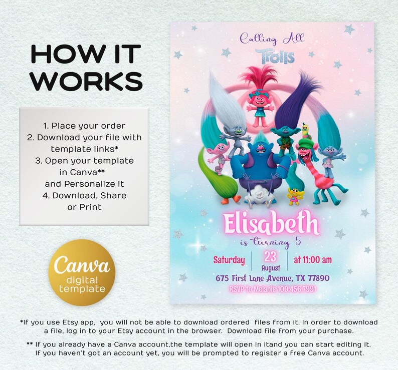 Editable Trolls Birthday Invitation, Girl Party (digital Download ...