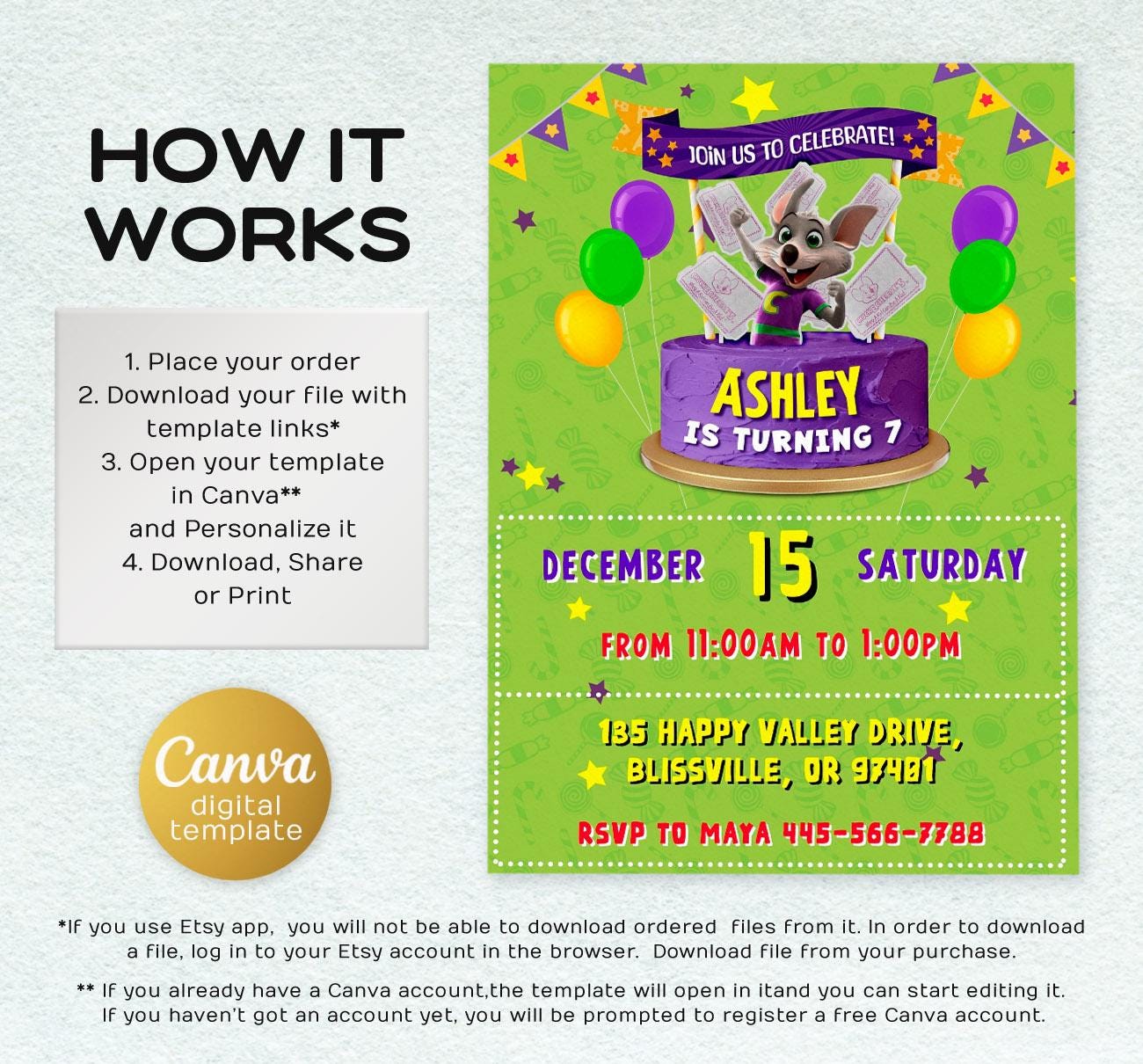 Chuck-e-cheese Editable Invitation, Printable Birthday Invite, Mouse ...