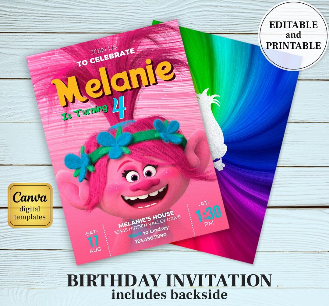 Editable Trolls Invite, Printable Birthday Invitation, Girl Birthday ...