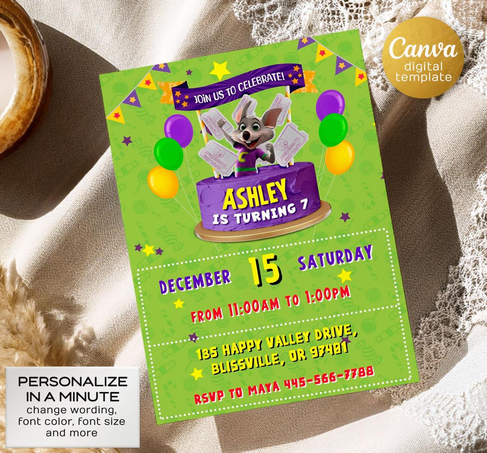 Chuck-e-cheese Editable Invitation, Printable Birthday Invite, Mouse ...
