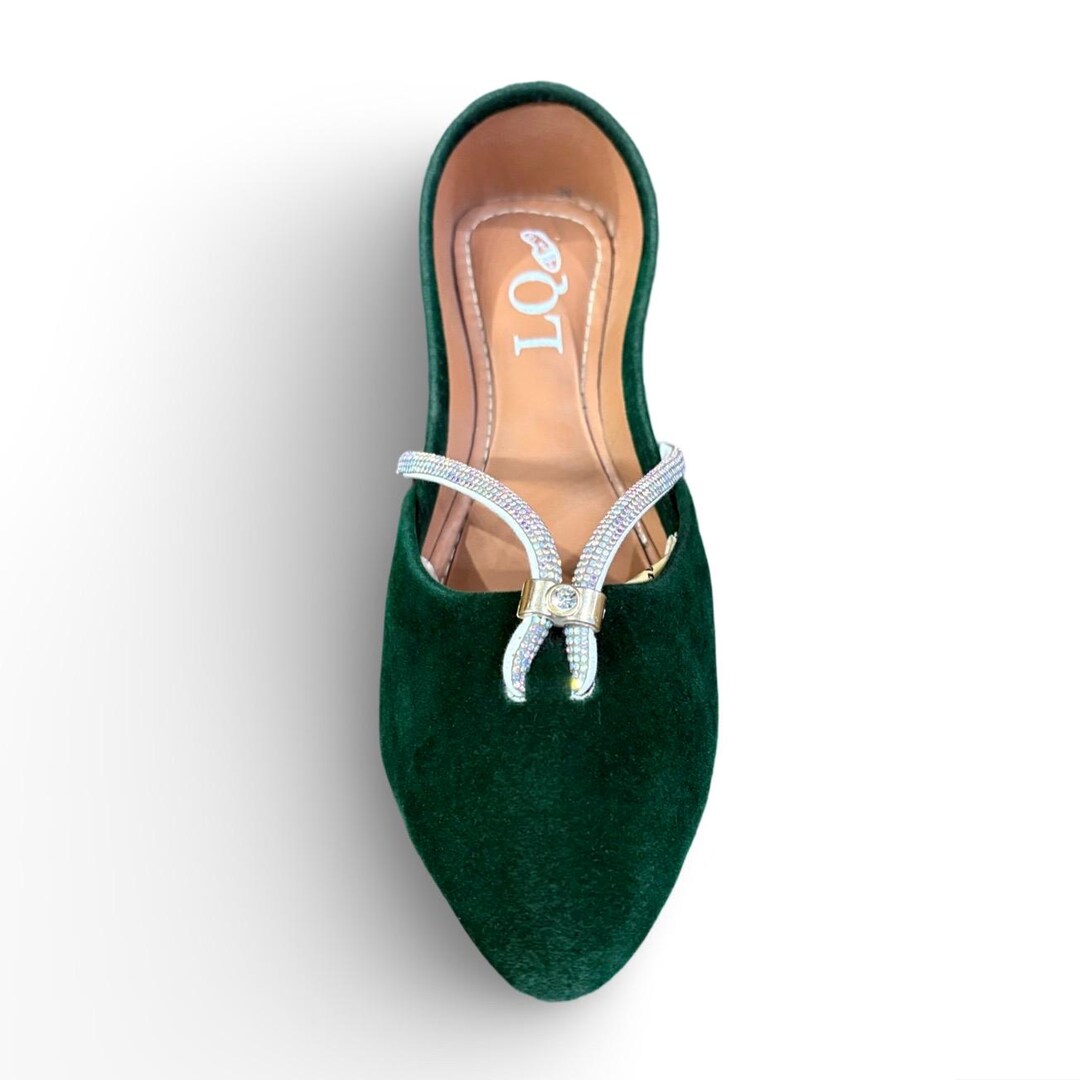 Emerald Green Velvet Khussa Mule: Rhinestone Bow, Handmade Ethnic Shoes ...