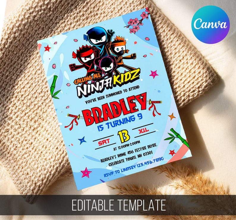 Ninja Kidz Editable Printable Invitation, Boy Girl Birthday Invitation ...