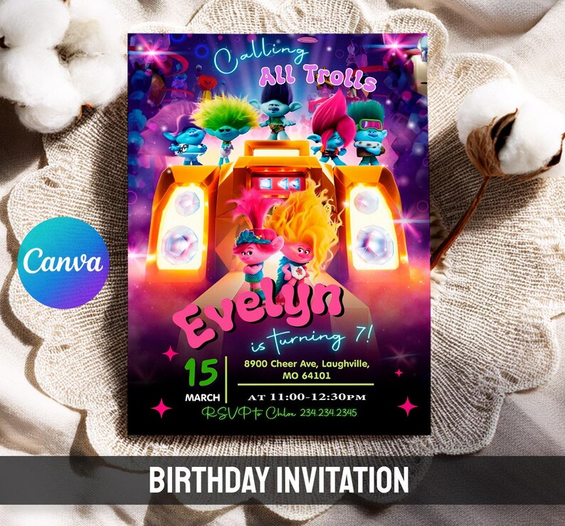Editable Trolls Birthday Invitation, Girl Party (digital Template) - Etsy