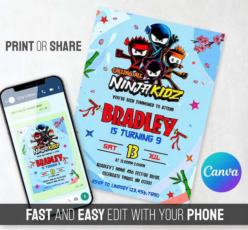 Ninja Kidz Birthday Invitation Template, Editable Printable (digital ...