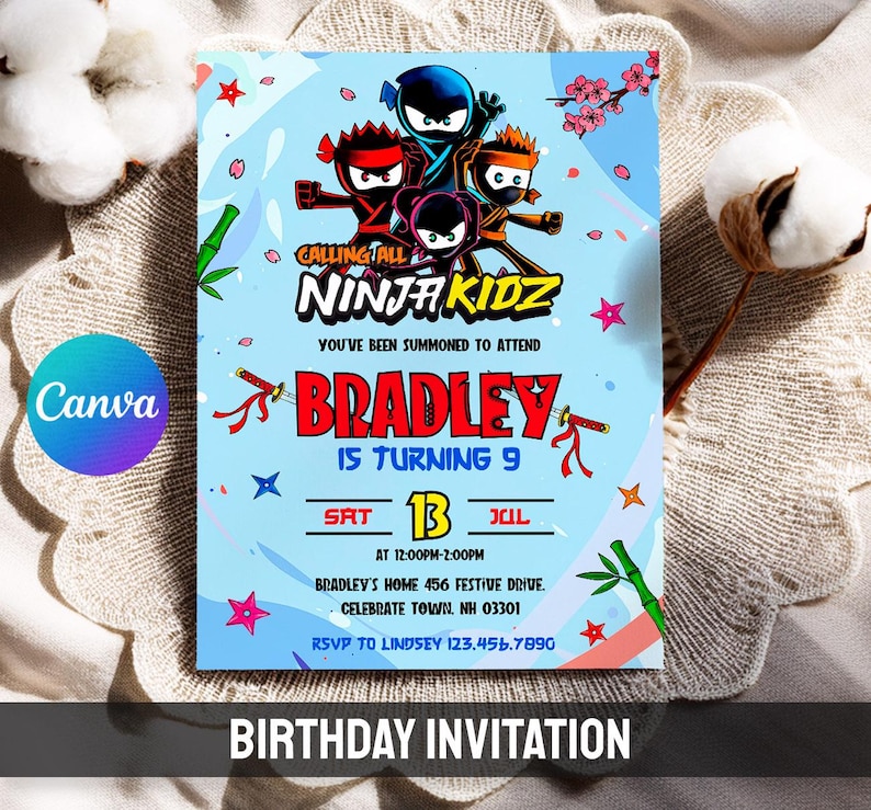 Ninja Kidz Birthday Invitation Template Editable Printable Digital