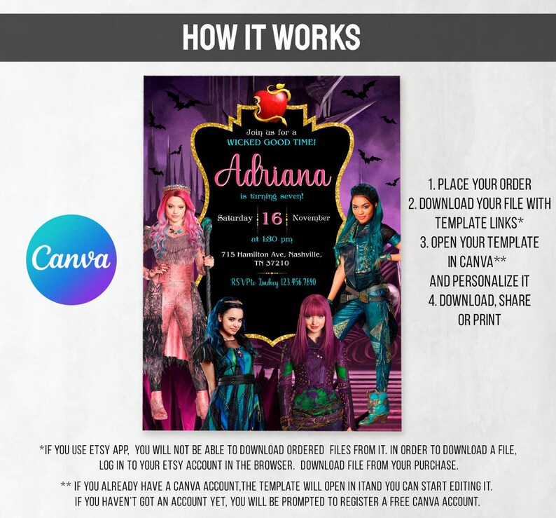 Descendants Birthday Invitation, Editable Digital Template (5x7") - Etsy