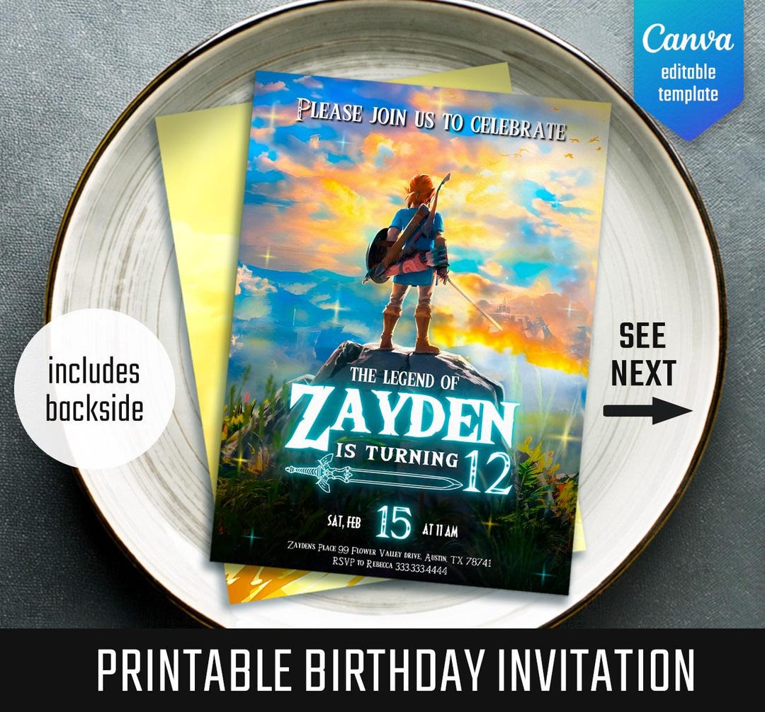 Legend of Zelda Birthday Invitation, Editable Canva Template (digital ...