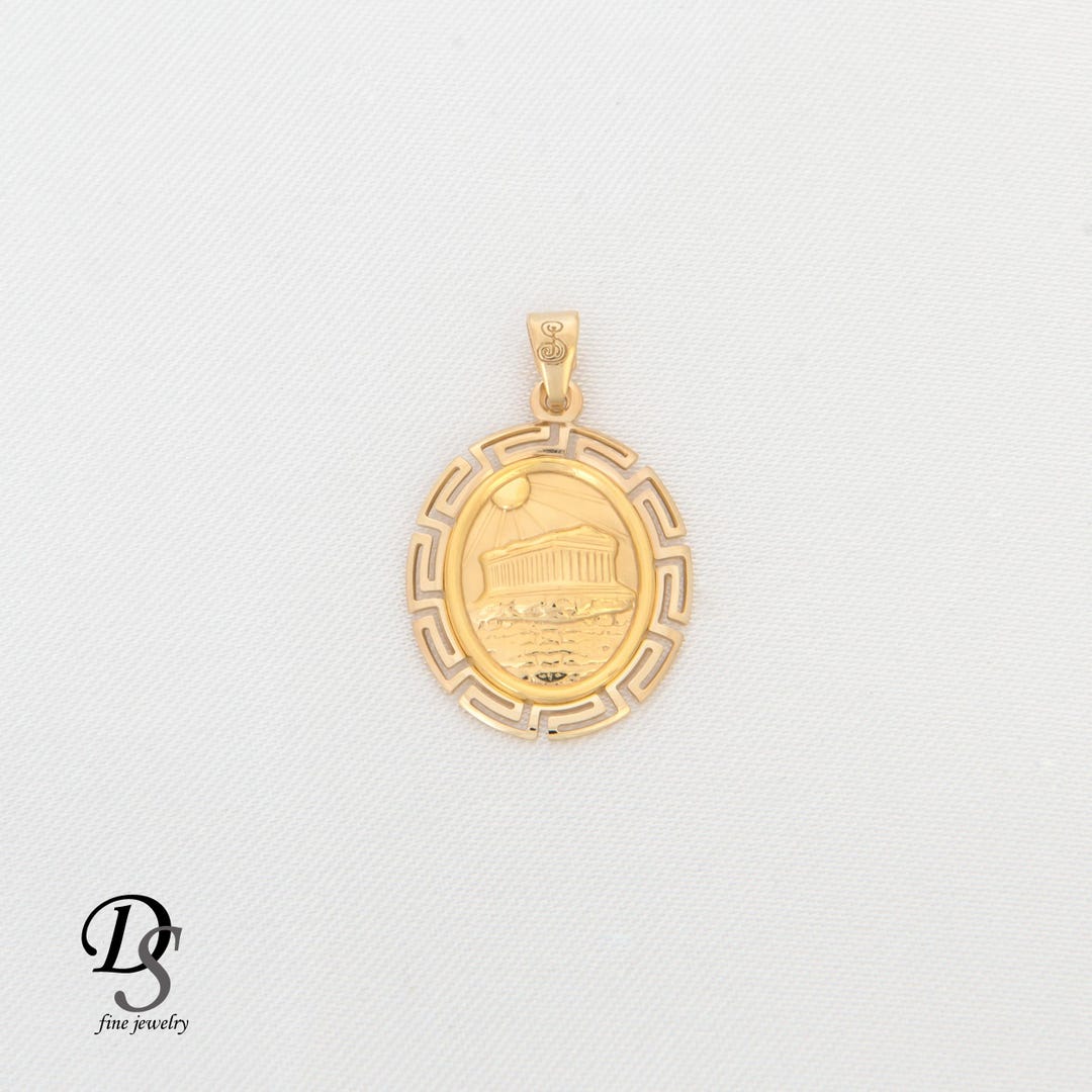 Solid Gold Parthenon Necklace, 14k Oval Pendant With Greek Key Border ...