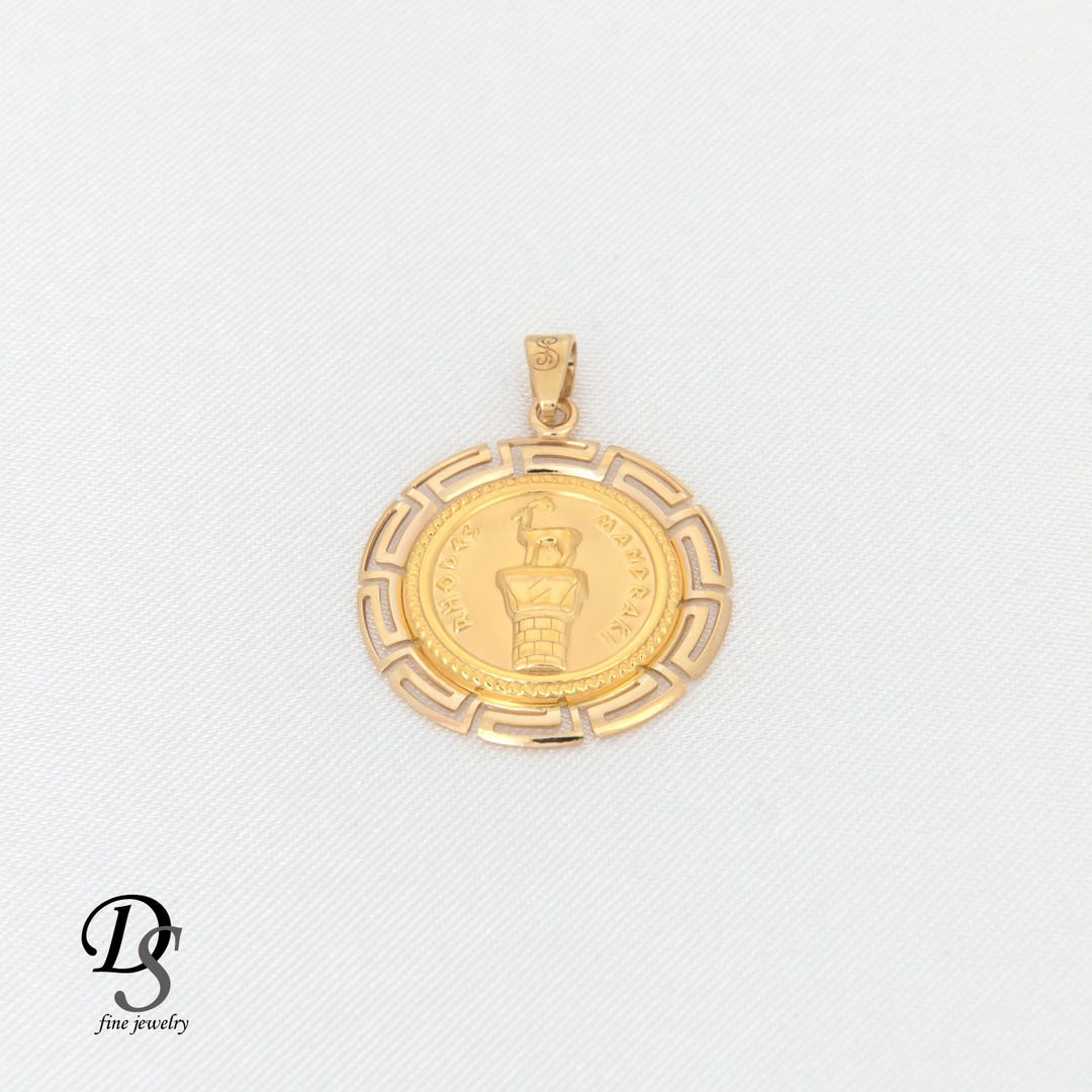 14k Gold Rhodes Deer Coin Pendant: Greek Meander Necklace - Etsy