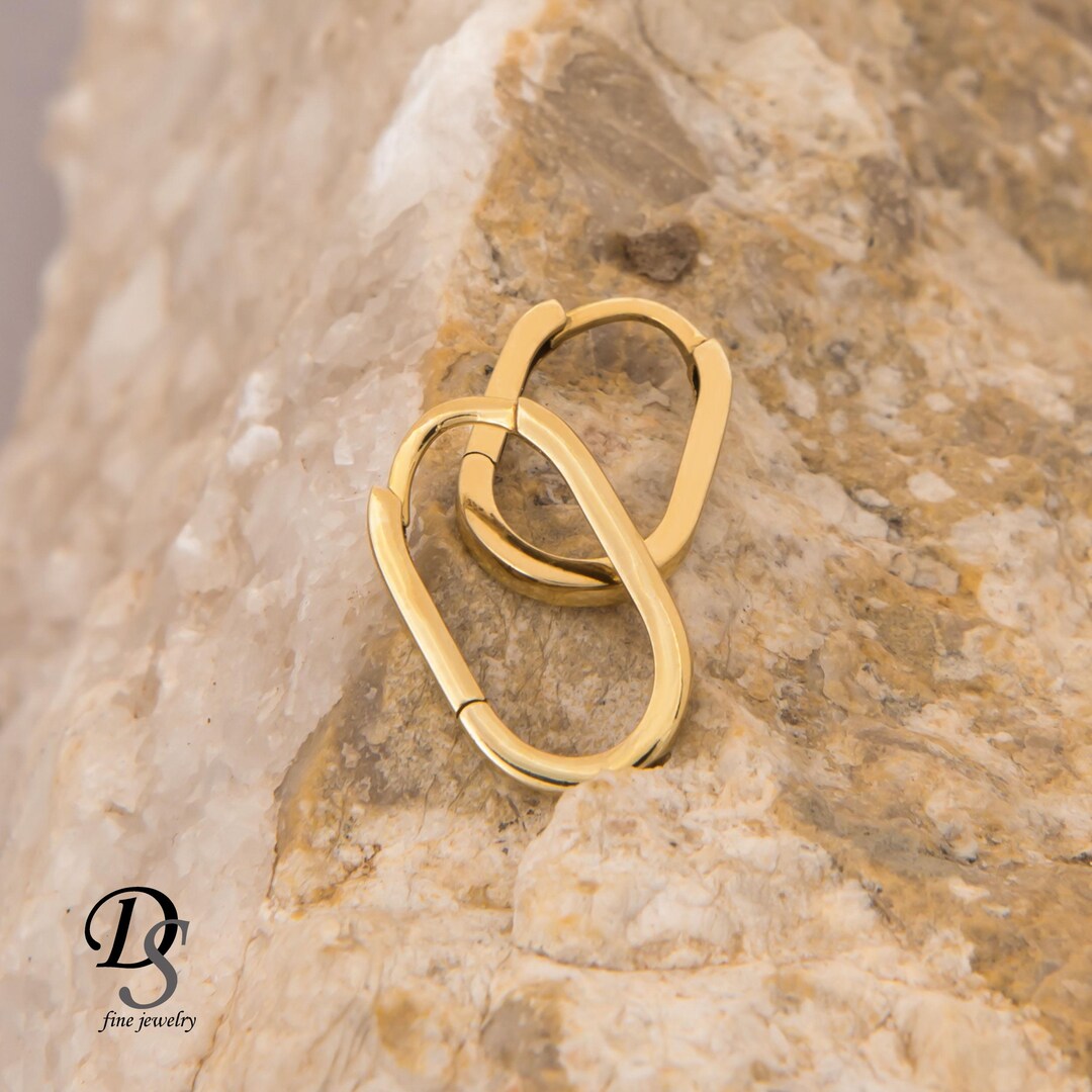14k Gold Paperclip Hoop Earrings, Mini Oval Clip Hoops, Dainty Gold ...