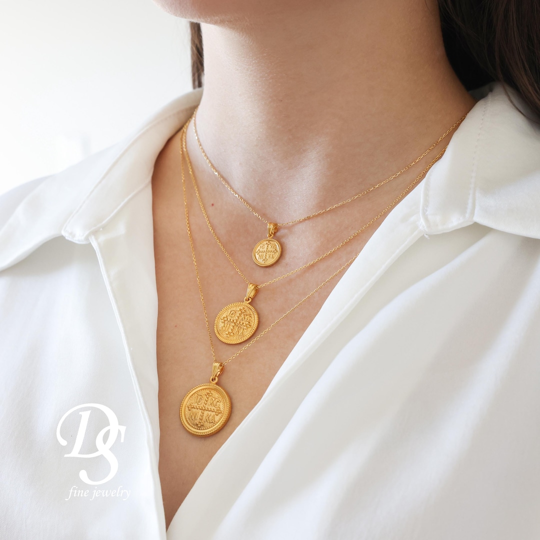 14k Gold Cross Necklace: Double-sided Christian Coin Protection Pendant ...