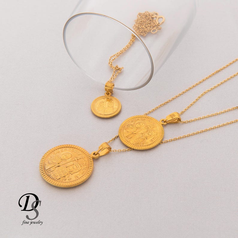14k Gold Cross Necklace: Double-sided Christian Coin Protection Pendant ...