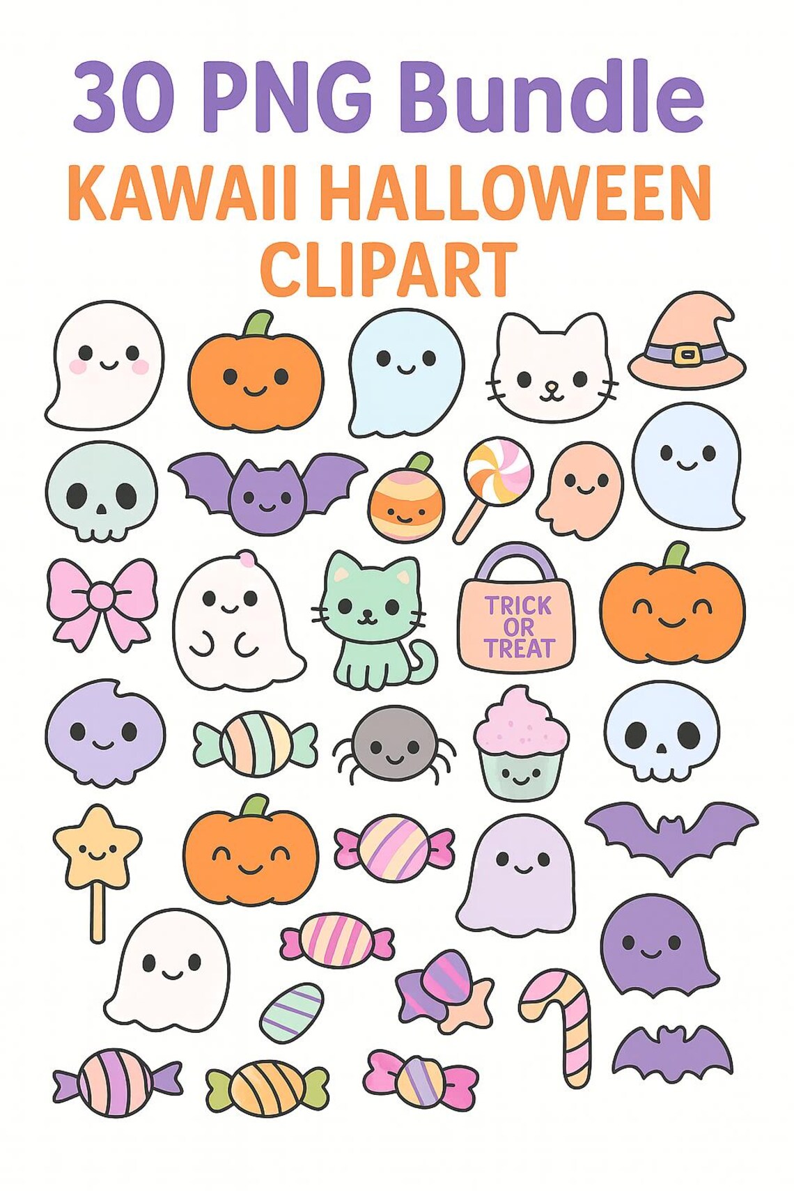 Kawaii Halloween Clipart Bundle: 30 Pastel PNG Images (digital Download ...
