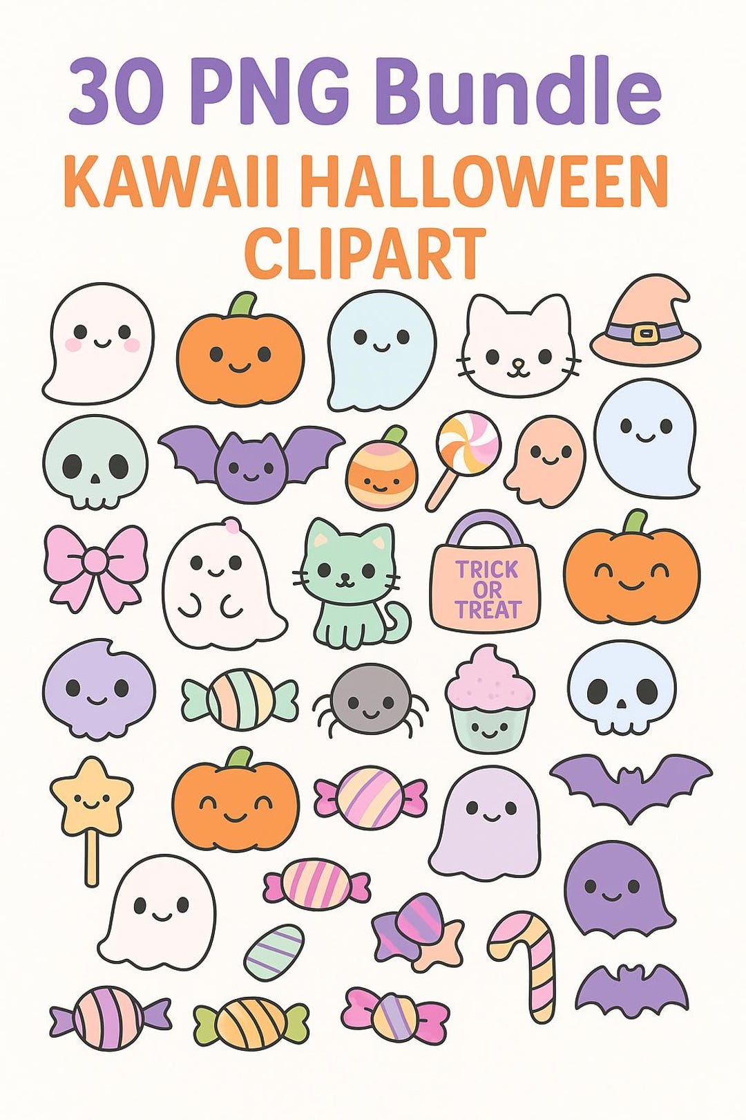 Kawaii Halloween Clipart Bundle: 30 Pastel PNG Images (digital Download ...