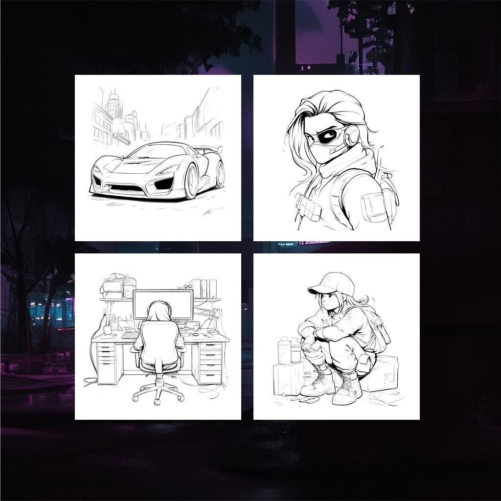 Cyberpunk Coloring Book – 48 Futuristic Illustrations, Neon Skylines ...