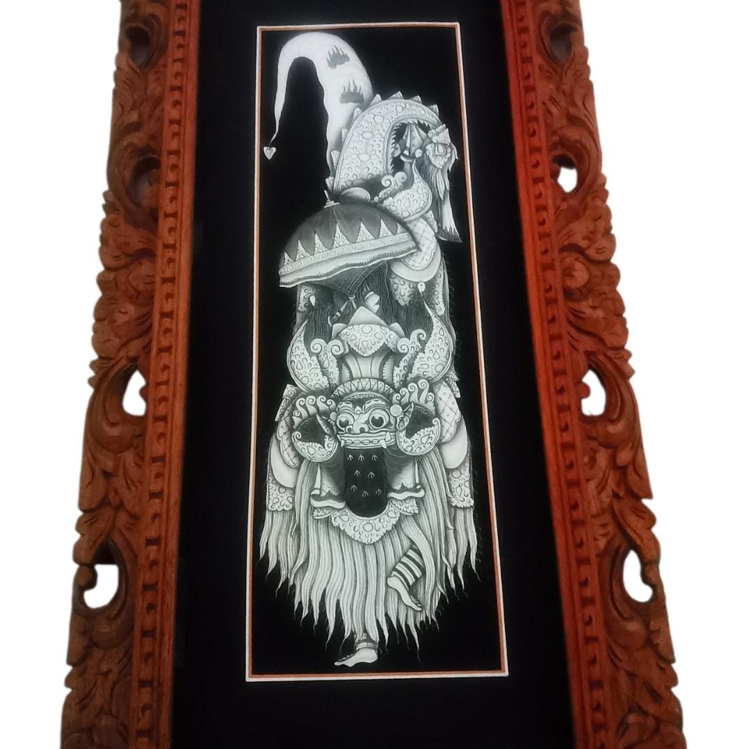 Original Hand-painted Balinese Barong Artwork – Framed in Hand-carved ...