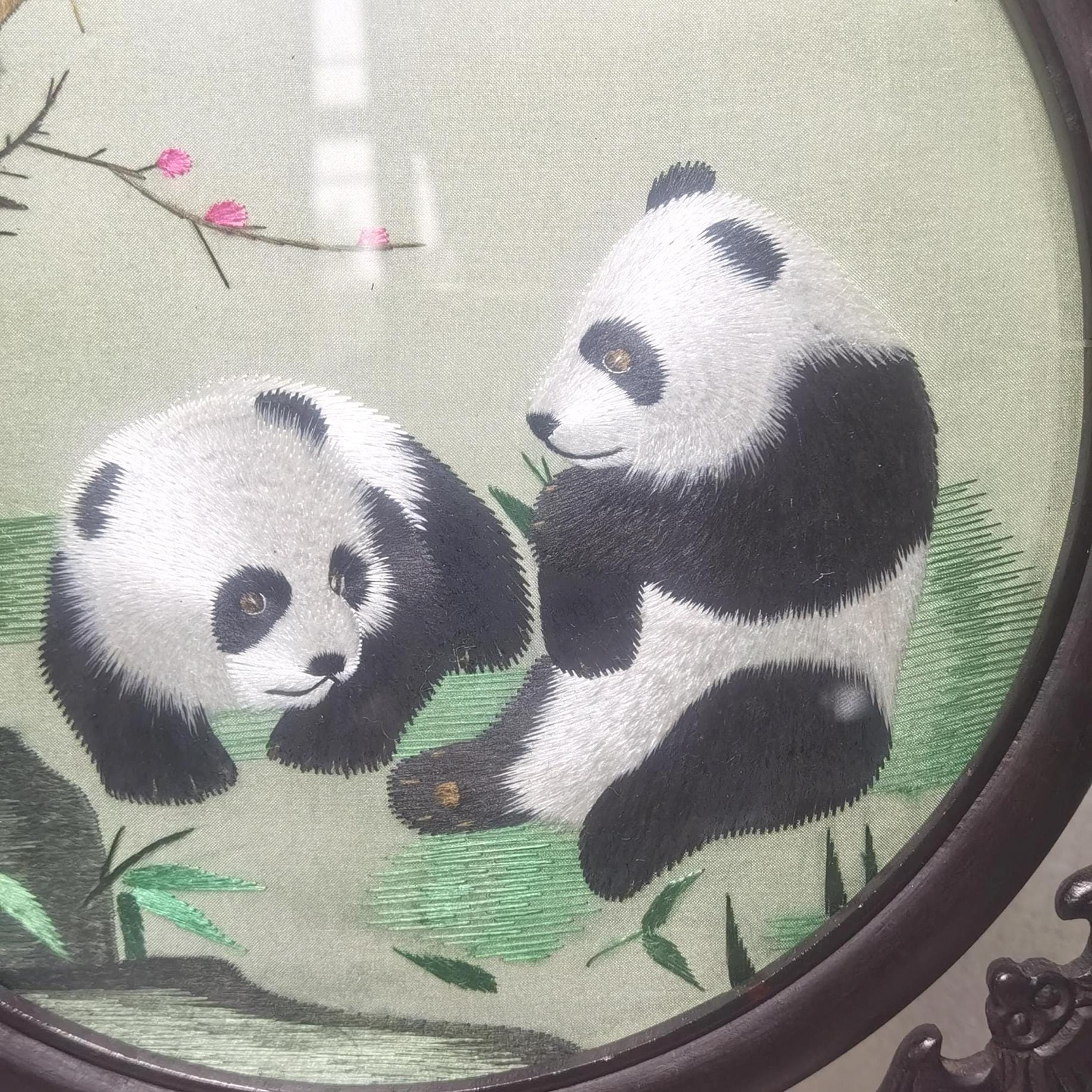 Double-sided Chinese Silk Embroidery – Pandas & Blossoms in Carved Wood ...