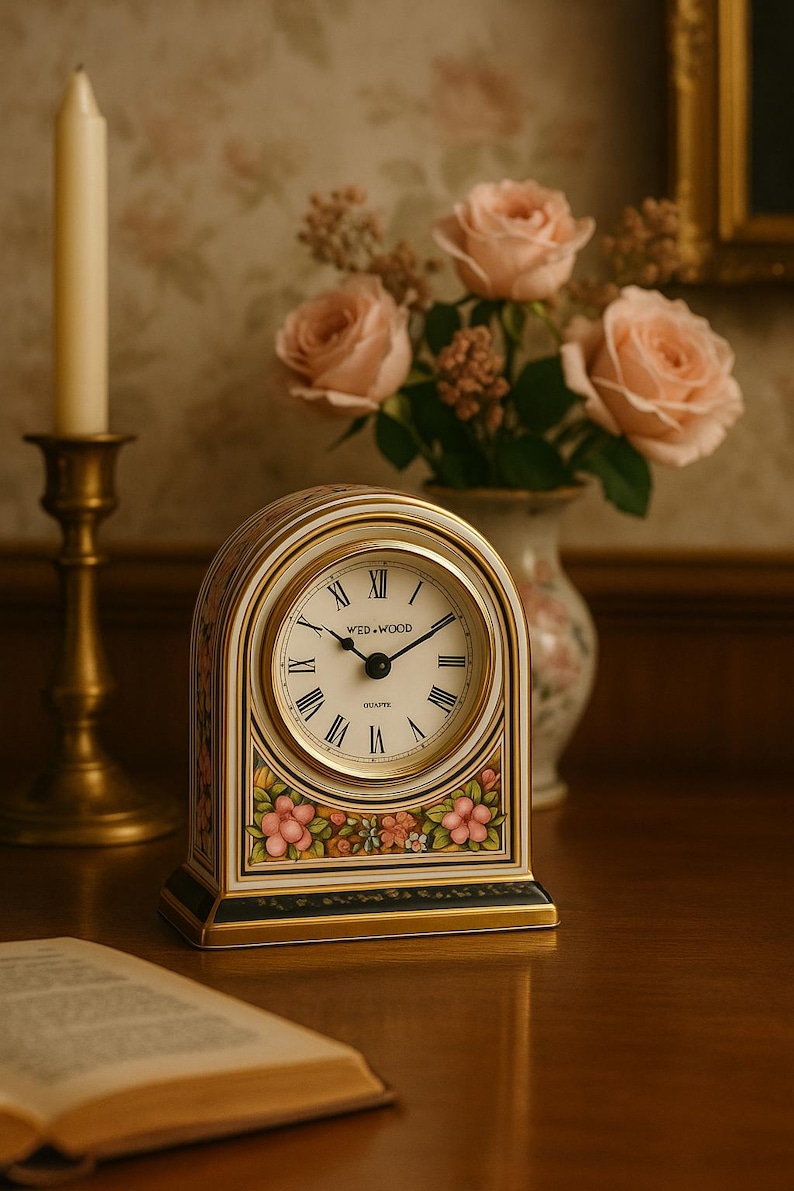 Vintage Wedgwood Bone China Mantel Clock: Pink Floral Decor, CLIO ...