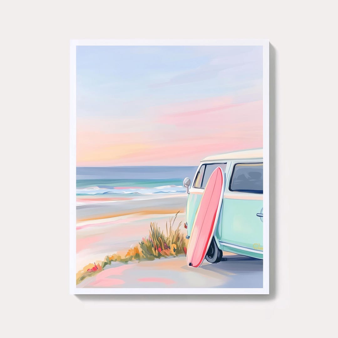 Retro Van Beach Scene With Surfboard and Summer Vibes Painting ...