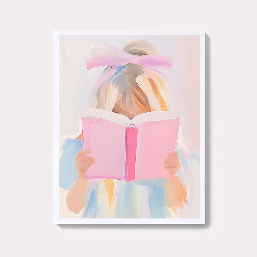 Blonde Girl Reading Painting | Pastel Pink Book Wall Art Print | Girly ...