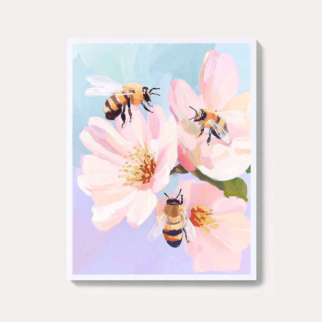 Pastel Bees Watercolor Painting: Floral Wall Art Print (digital ...