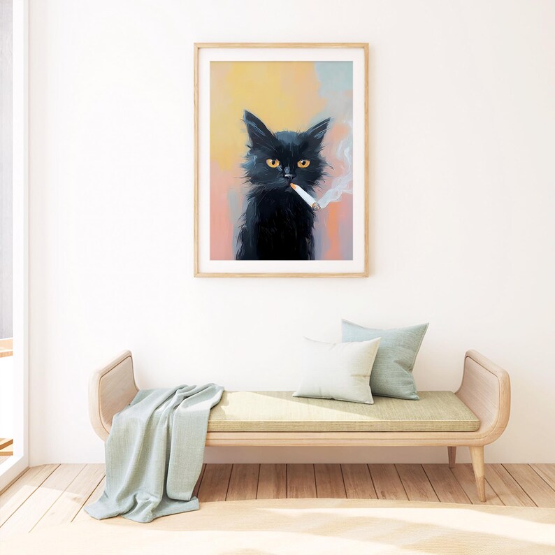 Smoking Black Cat Art Print | Whimsical Gothic Home Decor (digital ...