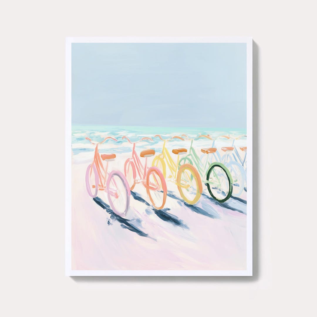 Rainbow Beach Cruisers Art Print: Pastel Coastal Bicycle Decor (digital ...