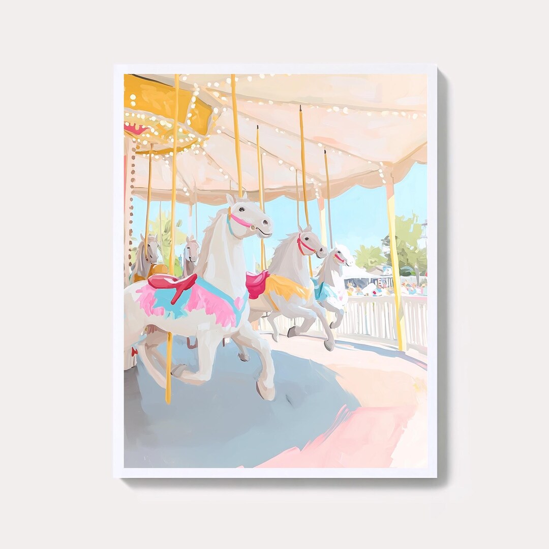 Beautiful Carousel With Colorful Horses Painting | Pastel Carnival Wall ...