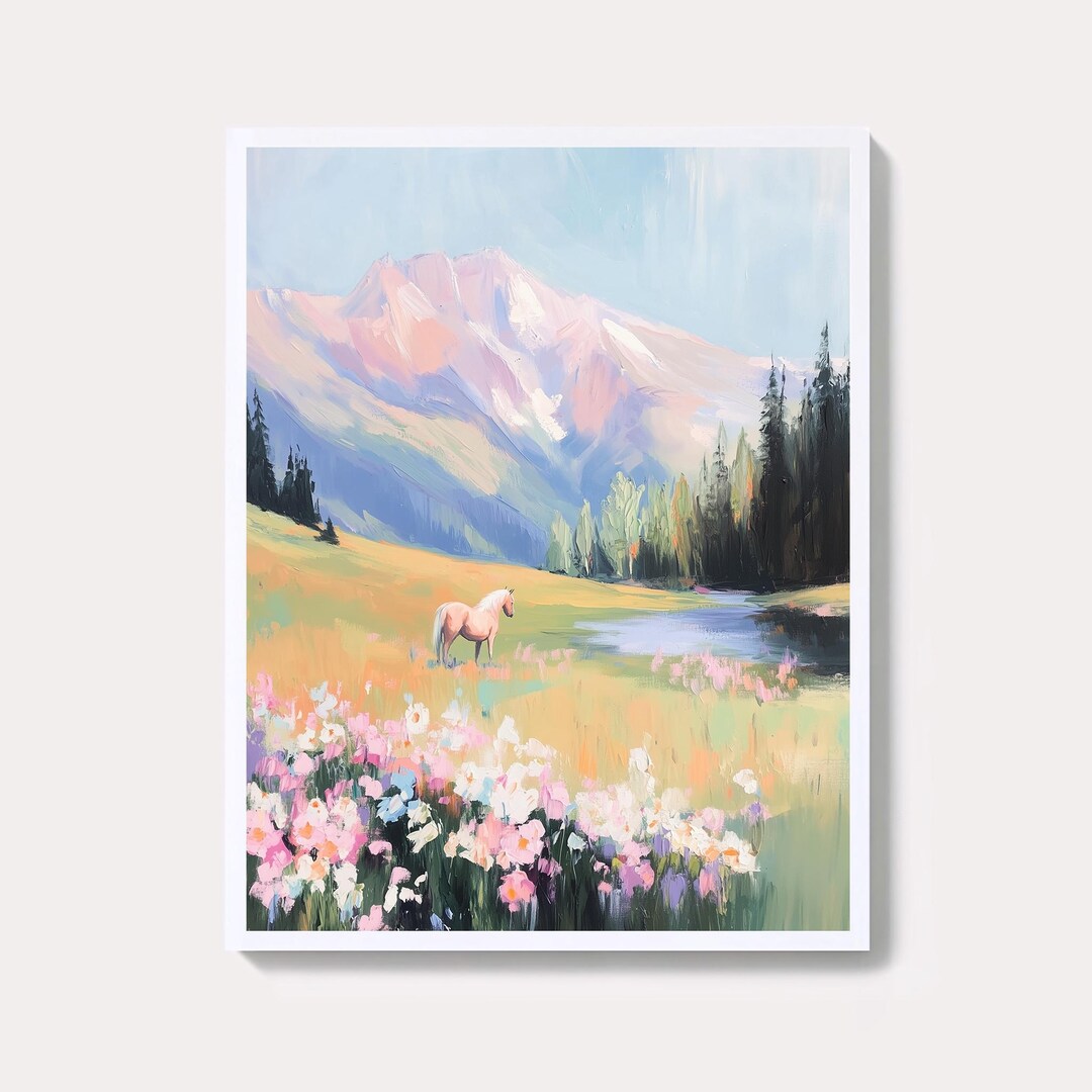 Pastel Countryside Horse Painting | Vintage Nature Landscape Wall Art ...