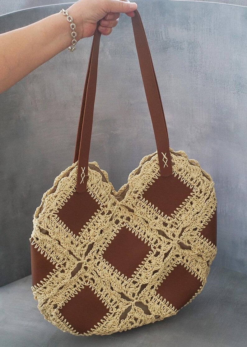 Handmade Faux Leather Crochet Shoulder Bag – Paper Raffia City Tote ...