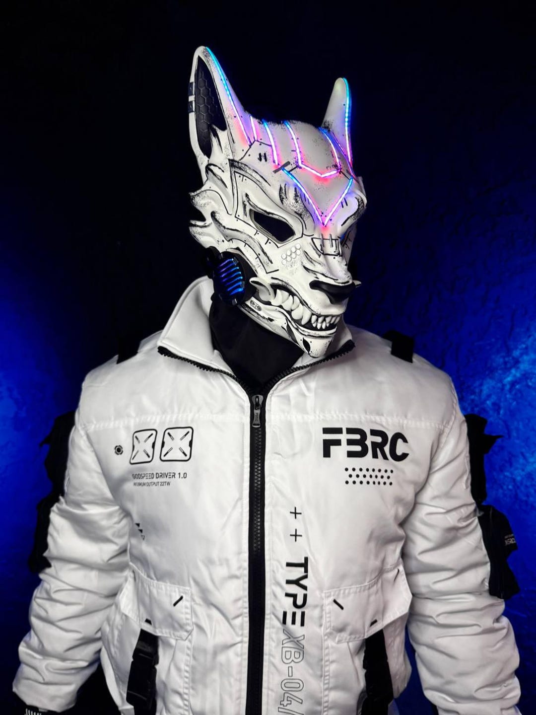 Cyberpunk Mask: White Kitsune RGB LED, Fox Cosplay Techwear Mask With ...