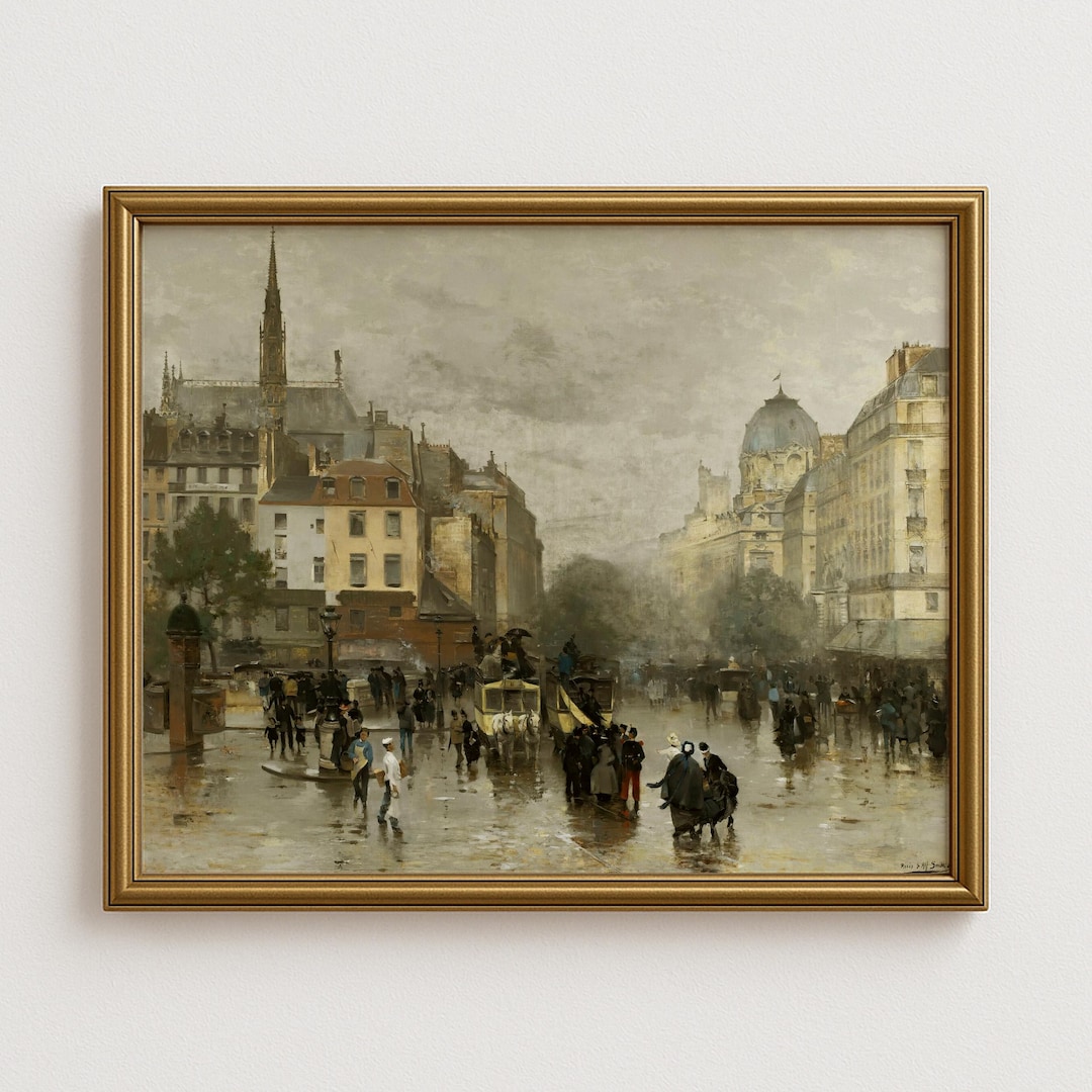 Vintage Paris Street Scene Print for Living Room, Rainy Day Cityscape ...