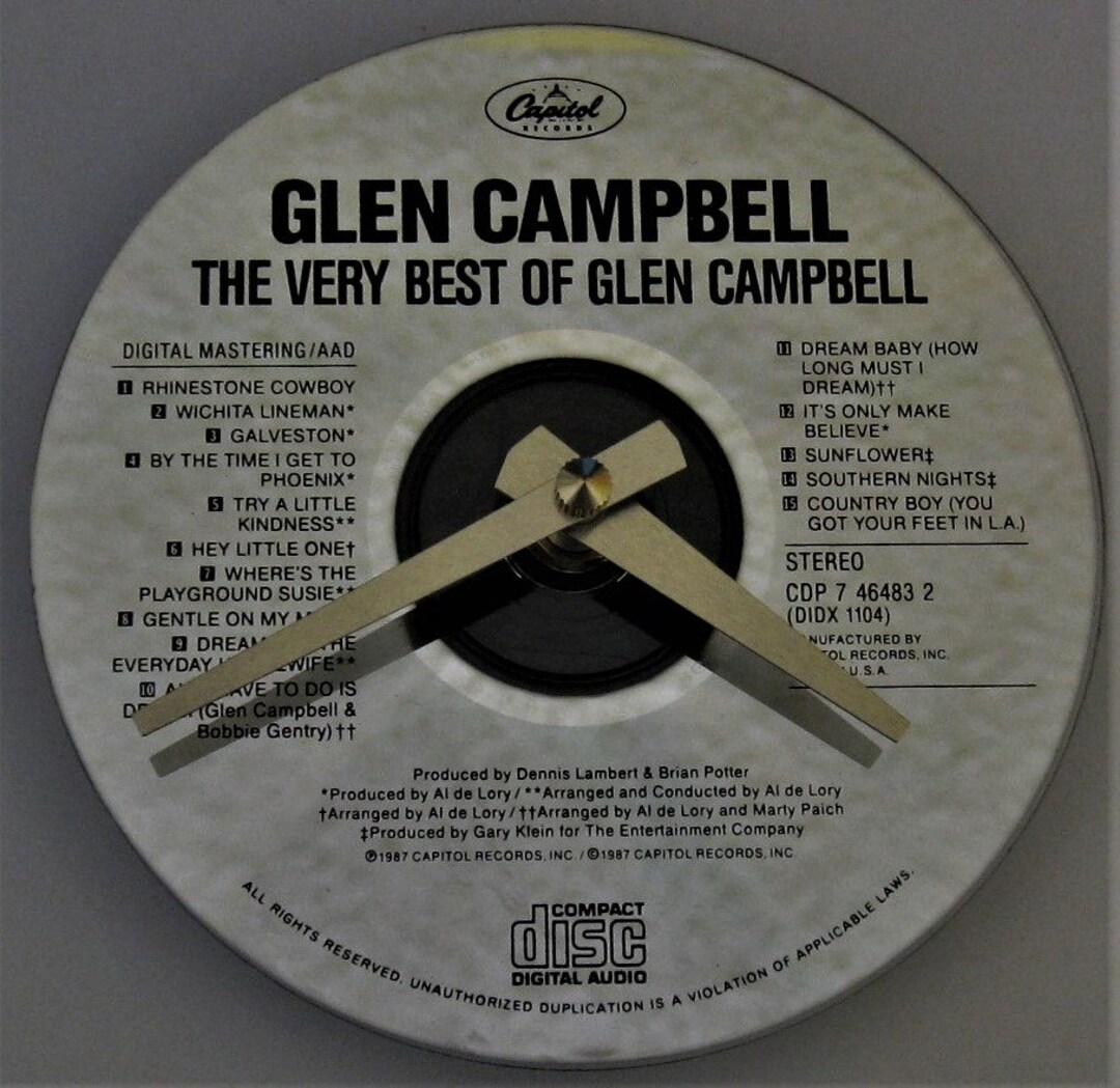 Glen Campbell Music Clock. Recycled CD Clock. Grammy Winning Musician ...
