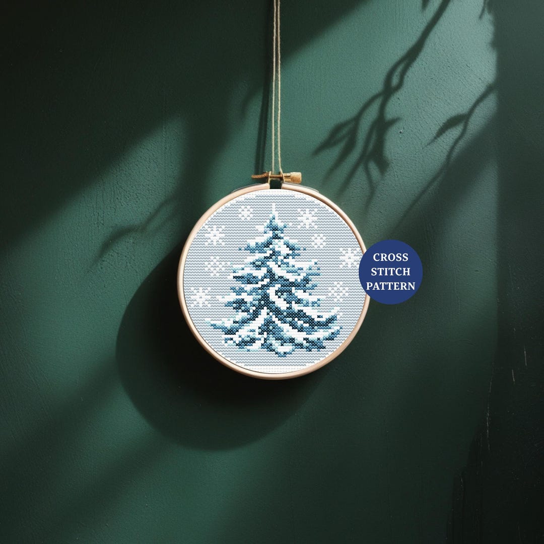 Snowy Winter Tree Cross Stitch Pattern, Snowflake Christmas Landscape ...