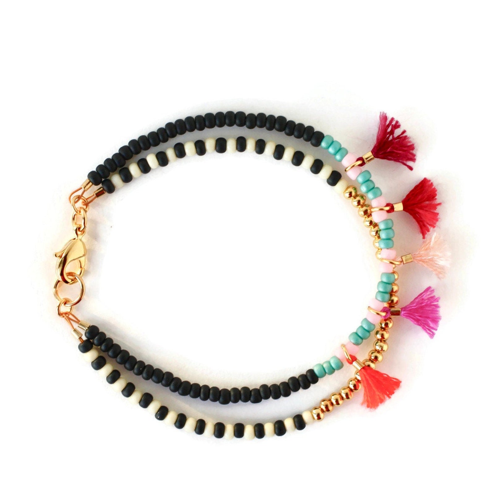 Seed Bead Stacking Friendship Bracelet With Pink Red Tassels | Etsy