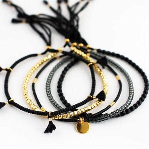 Set of 5 Black and Gold Delicate Stacking Bracelets, String Bracelets ...