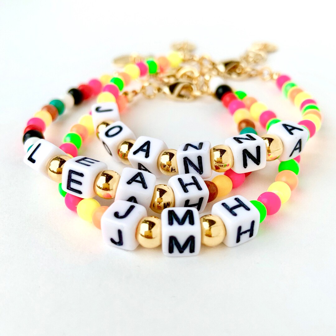 Custom Name Initial Beaded Bracelet Rainbow and Neon Stacking - Etsy