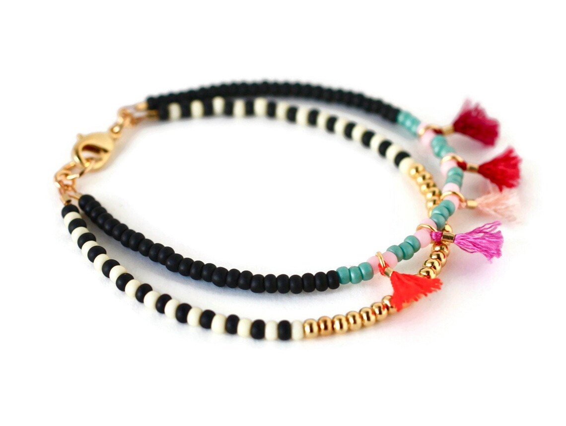 Seed Bead Stacking Friendship Bracelet With Pink Red Tassels | Etsy