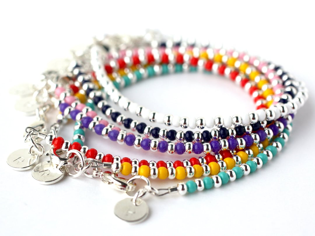 Colorful Dainty Friendship Bracelet With Hand Stamped Silver Monogram ...