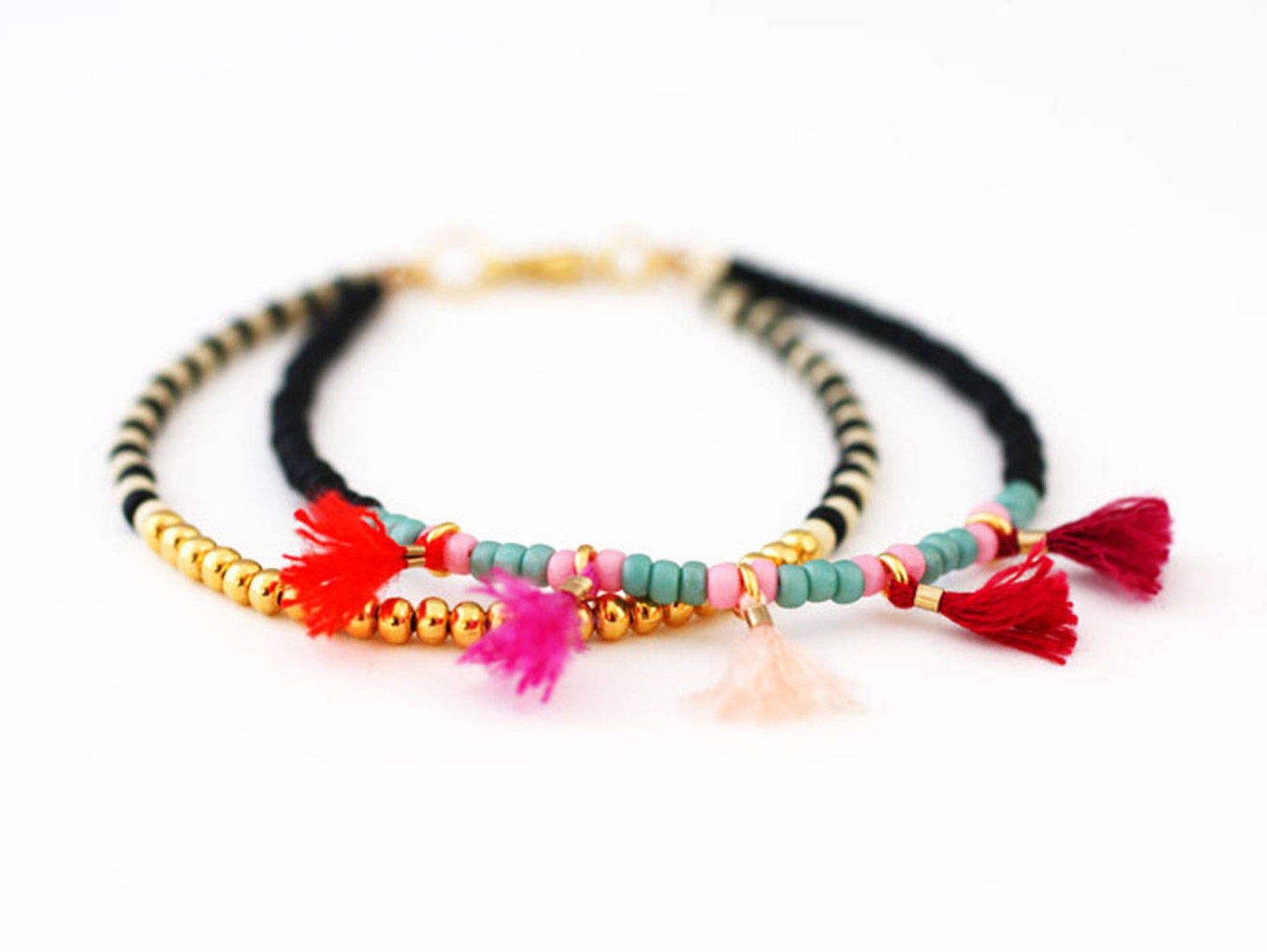 Seed Bead Stacking Friendship Bracelet With Pink Red Tassels | Etsy
