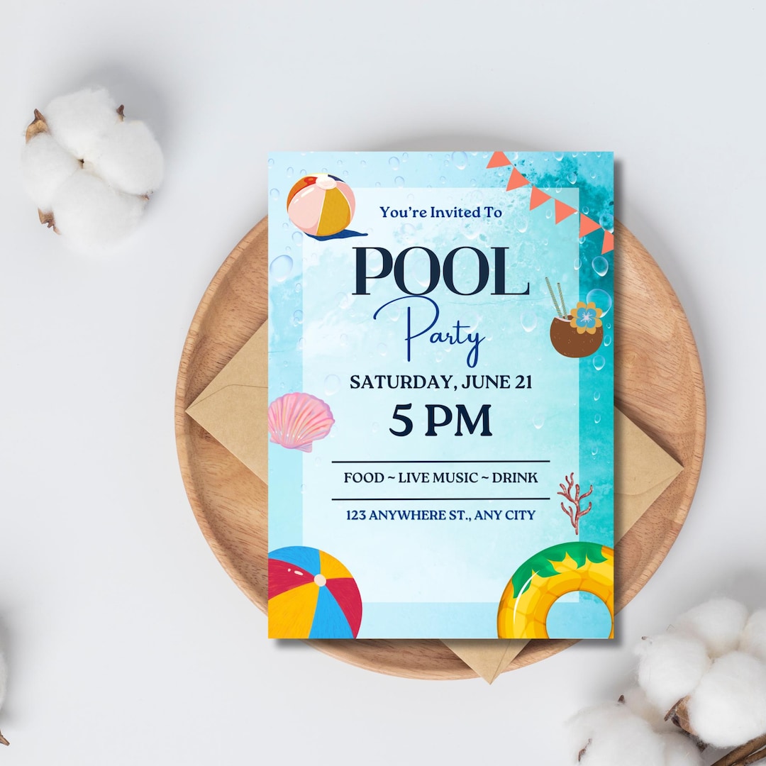 Editable Blue Pool Party Invitation | Printable Summer Bash Invite ...